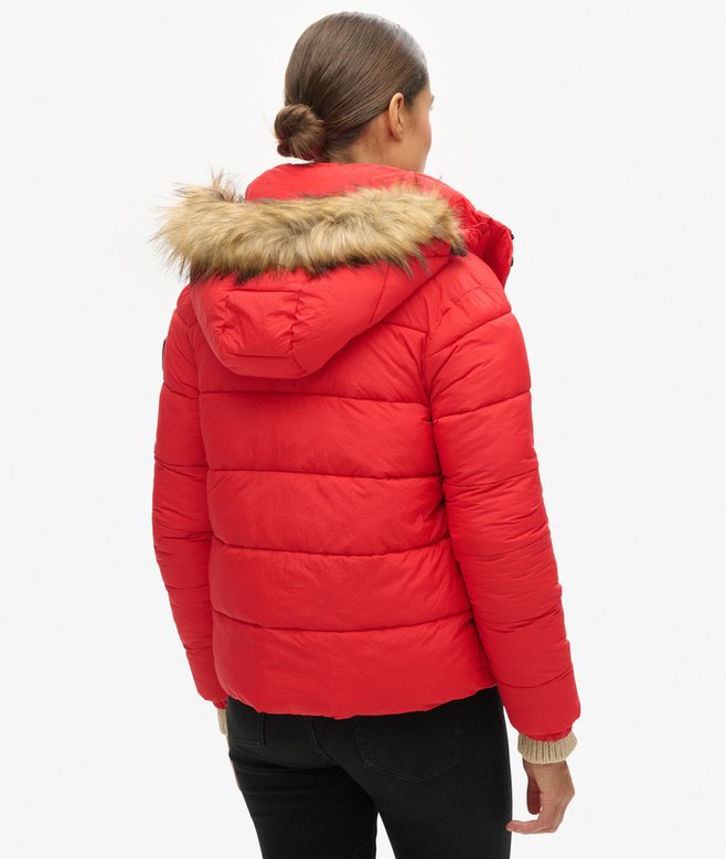 womens Faux Fur Short Hooded Puffer Jacket in High Risk Red | Superdry UK