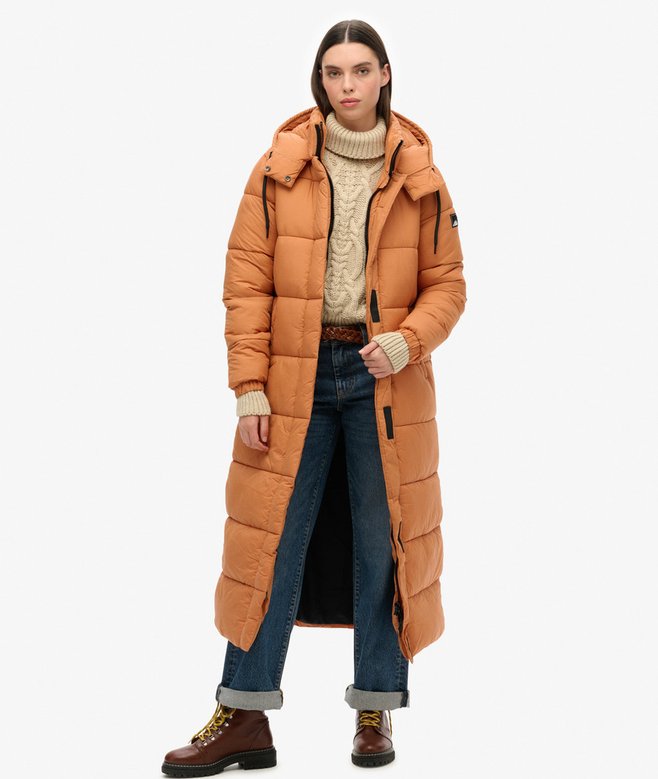 womens Ripstop Longline Puffer Coat in Caramel Grid | Superdry UK