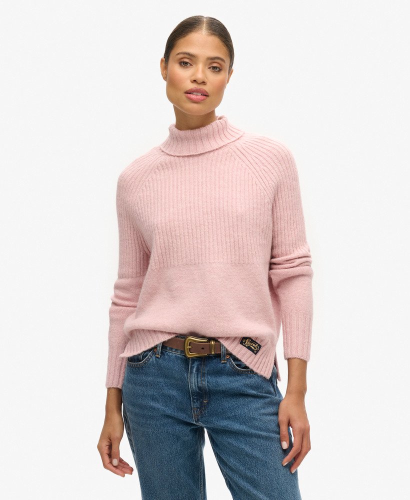 womens Essential Rib Knit Rollneck Jumper in Pale Rose | Superdry UK