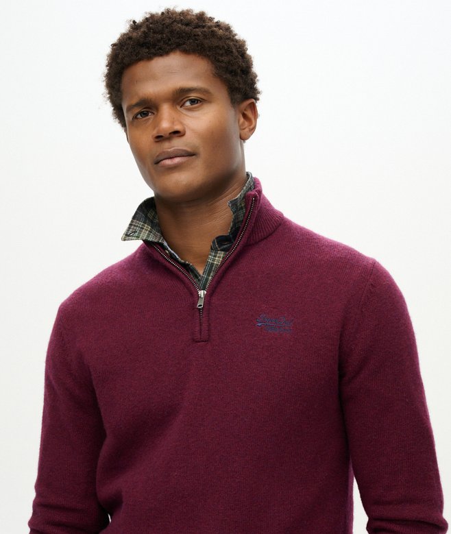mens Essential Embroidered Knitted Half Zip Jumper in DARK BERRY ...