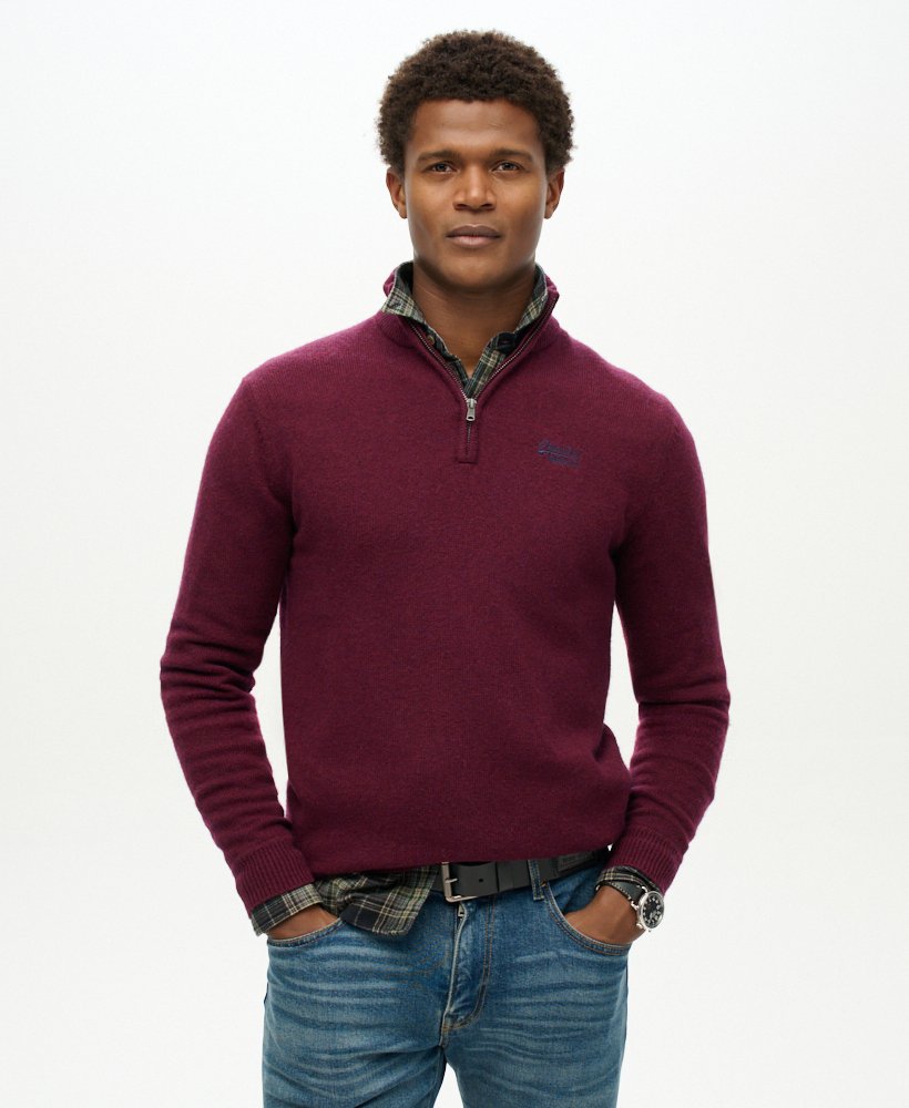 mens Essential Embroidered Knitted Half Zip Jumper in DARK BERRY ...