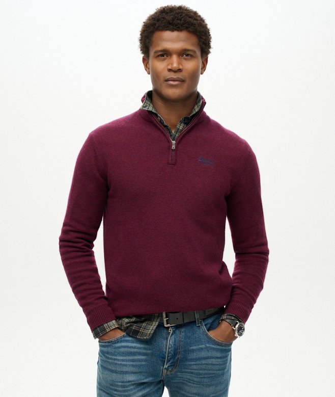 mens Essential Embroidered Knitted Half Zip Jumper in DARK BERRY ...
