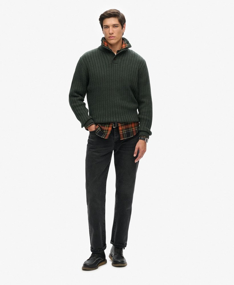 mens Ribbed Half Button Jumper in Olive Twist | Superdry UK