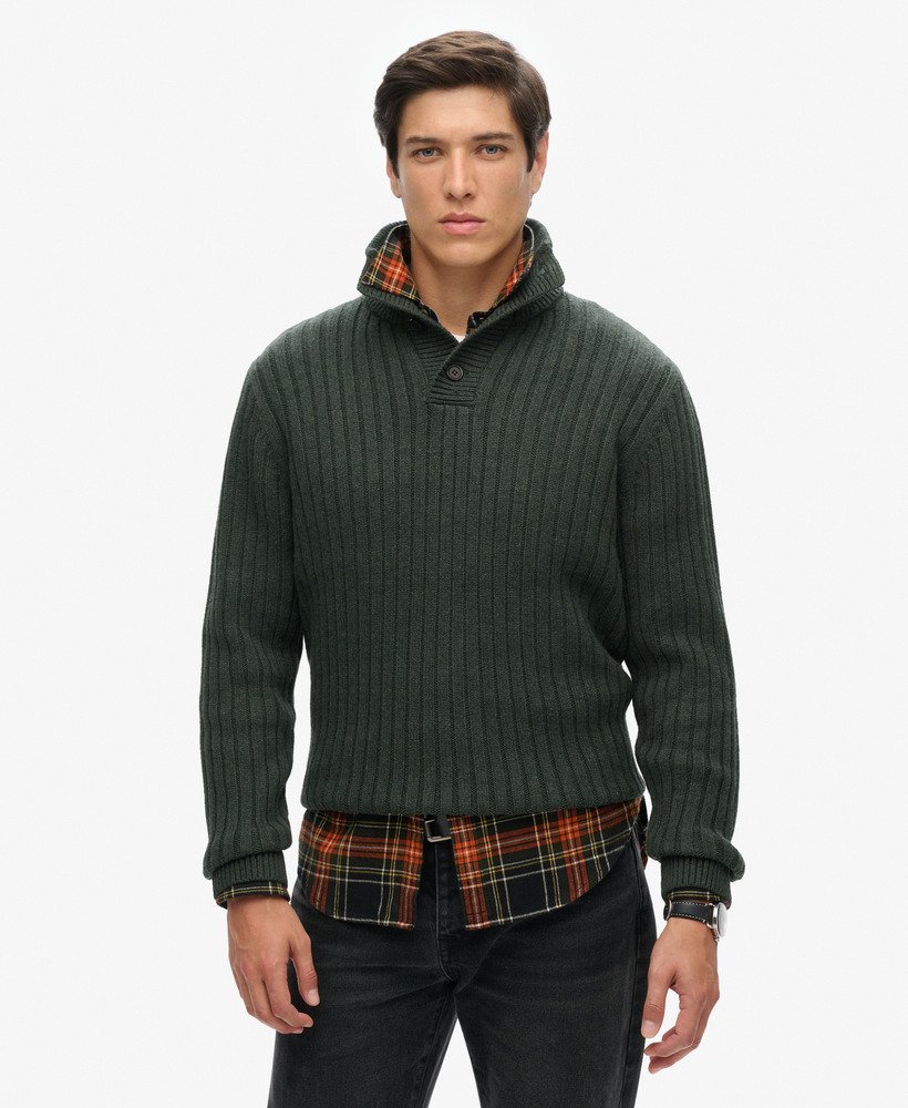 mens Ribbed Half Button Jumper in Olive Twist | Superdry UK