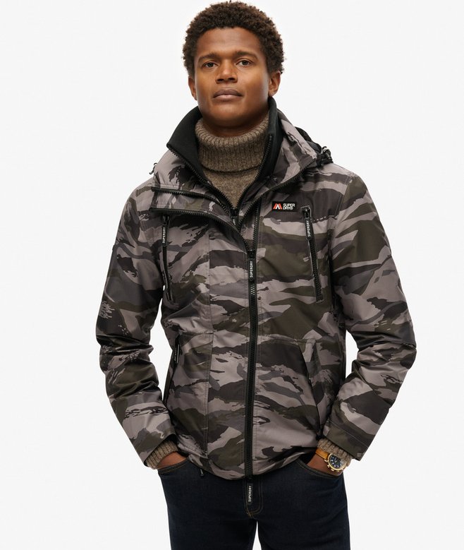 mens Hooded Mountain Windbreaker Jacket in Dark Grey Tiger Camo ...