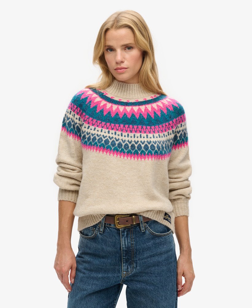 womens Slouchy Pattern Knit Jumper in Ecru Fairisle | Superdry UK