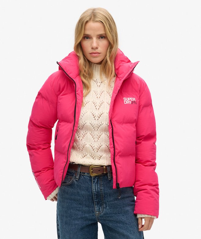 womens Hooded Boxy Puffer Jacket in Raspberry Red | Superdry UK
