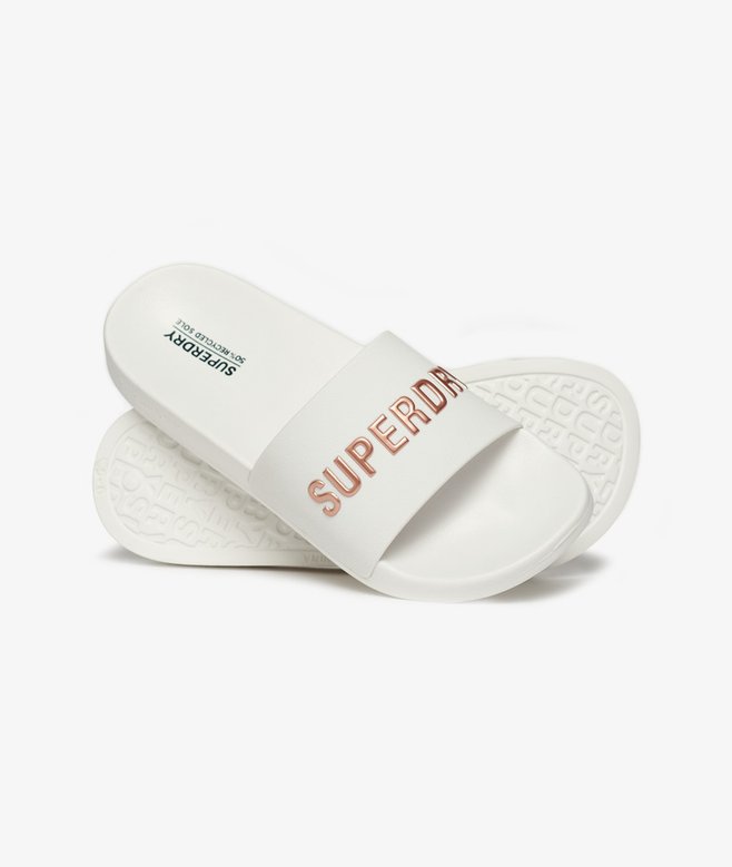 womens Vegan Logo Pool Sliders in Optic/Metallic Rose Gold | Superdry UK