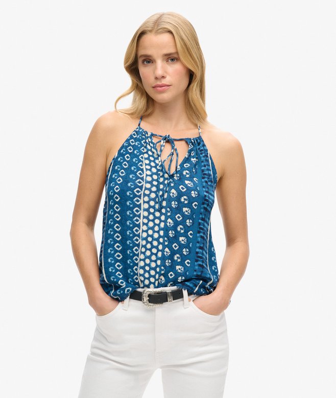womens Printed Beach Halter Top in Shibori Blue Border | Superdry UK