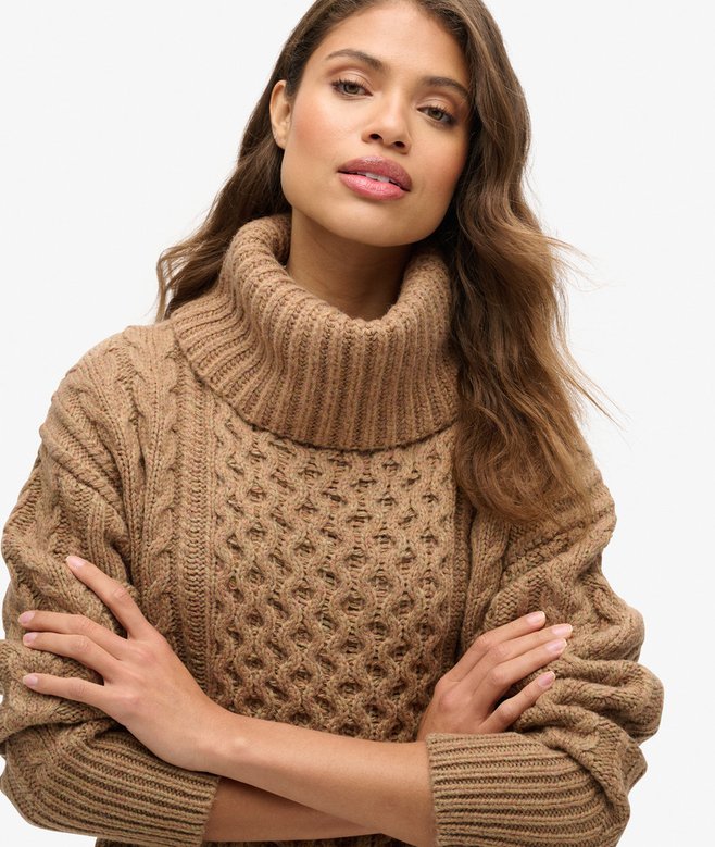womens Roll Neck Cable Jumper Dress in Island Caramel Twist | Superdry UK