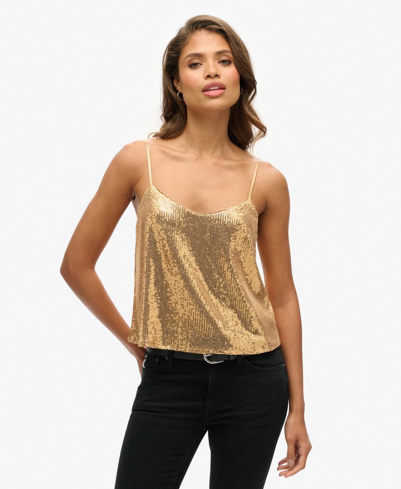 womens Sequin Cami Vest Top in Champagne Gold Sequin | Superdry UK