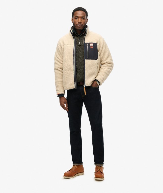 mens Vintage Retro Borg Fleece Jacket in Oatmeal Beige | Superdry US