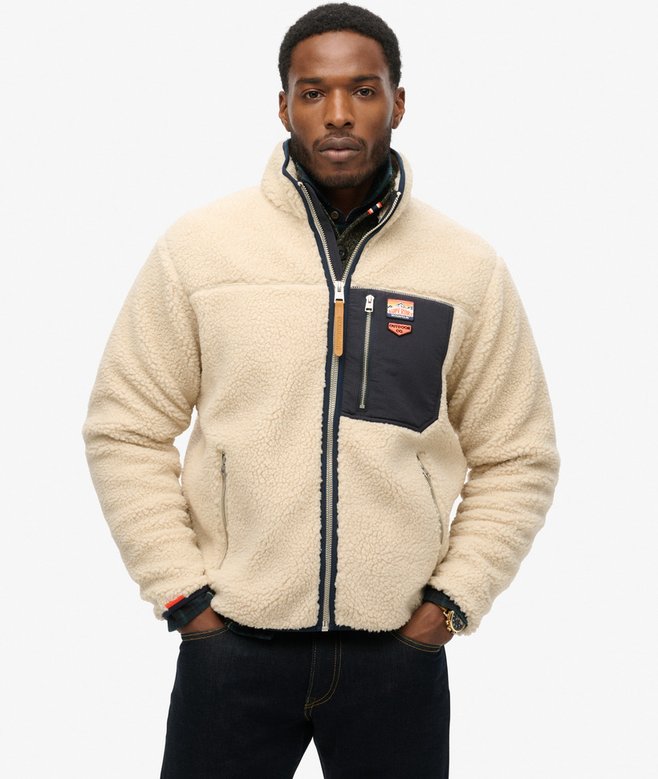 mens Vintage Retro Borg Fleece Jacket in Oatmeal Beige | Superdry US