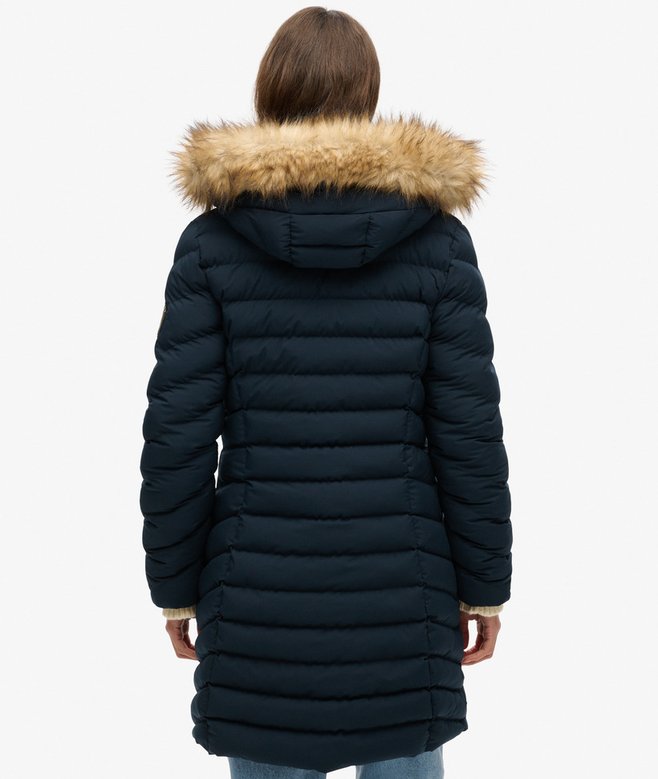 womens Fuji Faux Fur Hood Mid Length Puffer Coat in Eclipse Navy ...