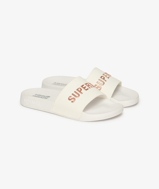 womens CODE Logo Pool Sliders in Optic/Metallic Rose Gold | Superdry UK