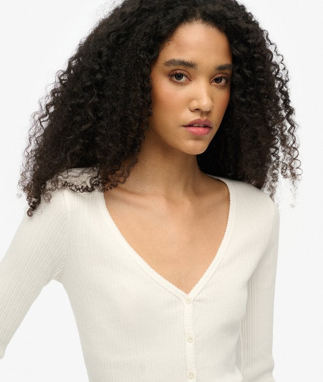 womens Essential Button Long Sleeve Top in OFF WHITE | Superdry UK