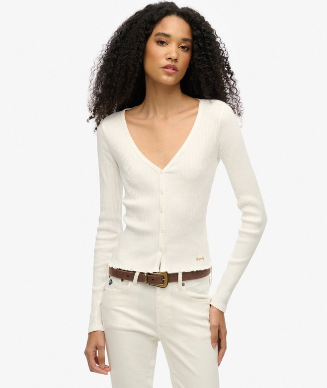 womens Essential Button Long Sleeve Top in OFF WHITE | Superdry UK