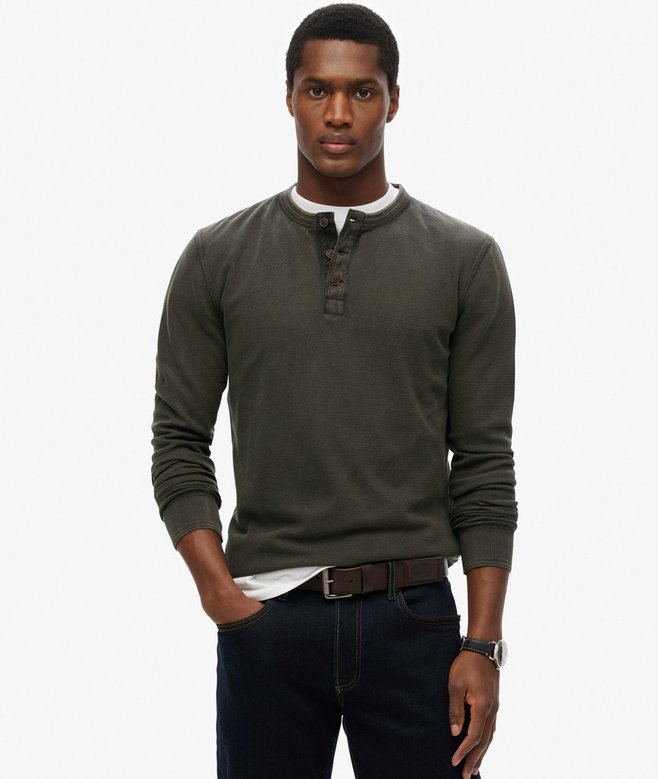 mens Lightweight Textured Grandad Top in Washed Black | Superdry UK