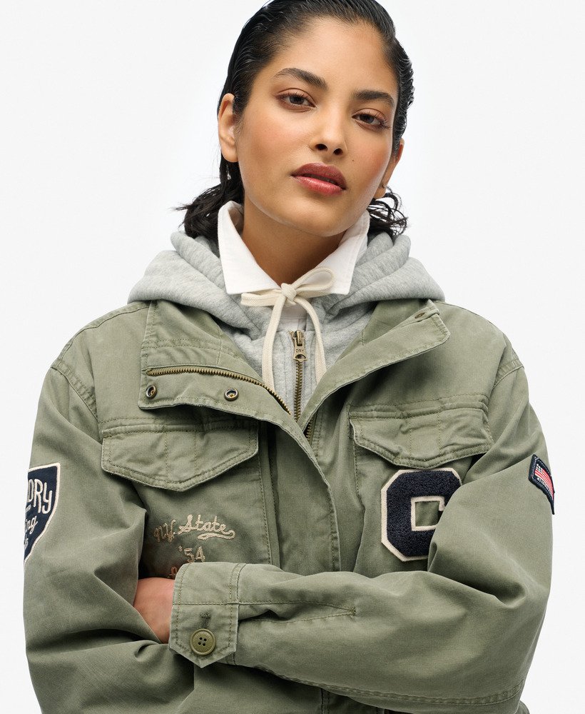 womens Jersey Hooded Embroidered Military Jacket in Dusty Olive Green ...