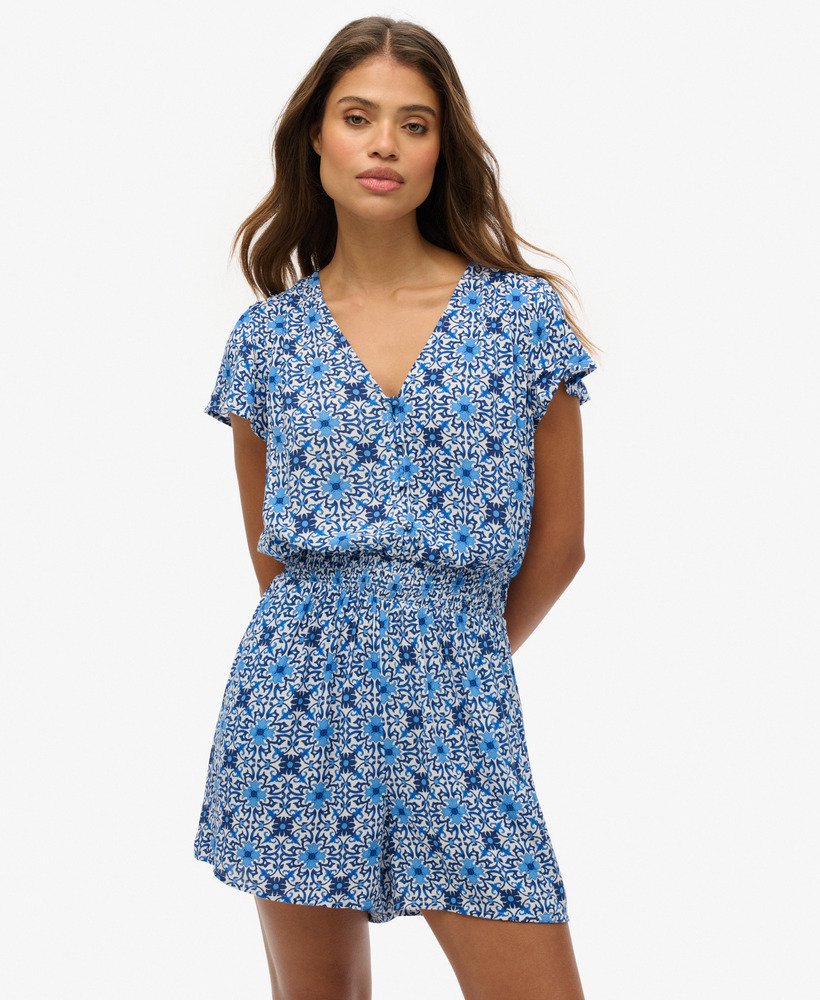 womens Short Sleeve Printed Playsuit in Tala Tile Border Blue | Superdry UK