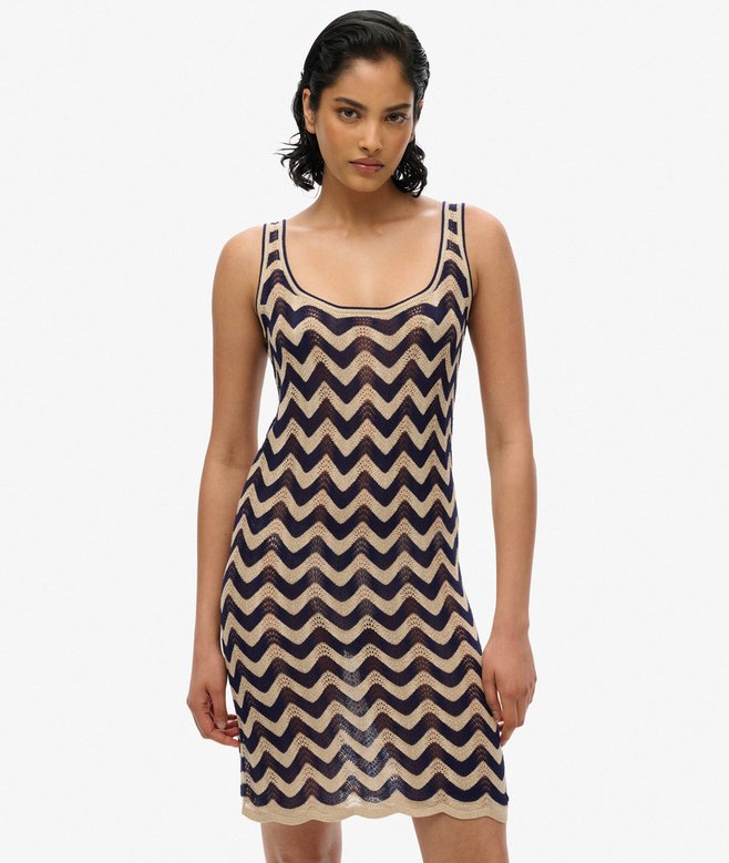 womens Zig Zag Knit Mini Dress in Navy Gold Zigzag | Superdry UK