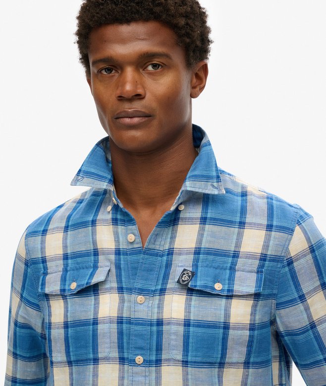 mens The Merchant Store - Linen Check Shirt in Blue Ombre Check ...