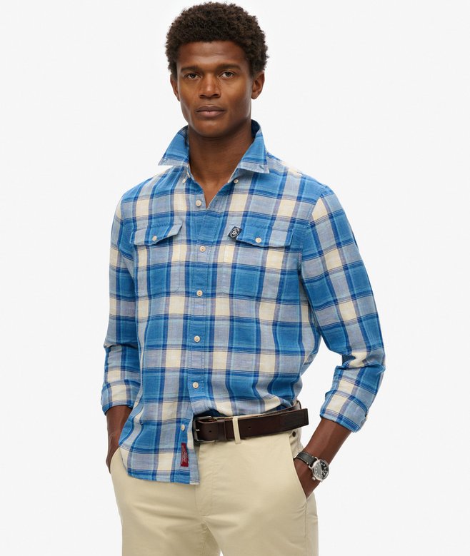 mens The Merchant Store - Linen Check Shirt in Blue Ombre Check ...