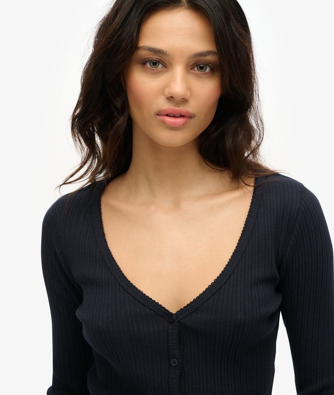 womens Essential Button Long Sleeve Top in Eclipse Navy | Superdry UK