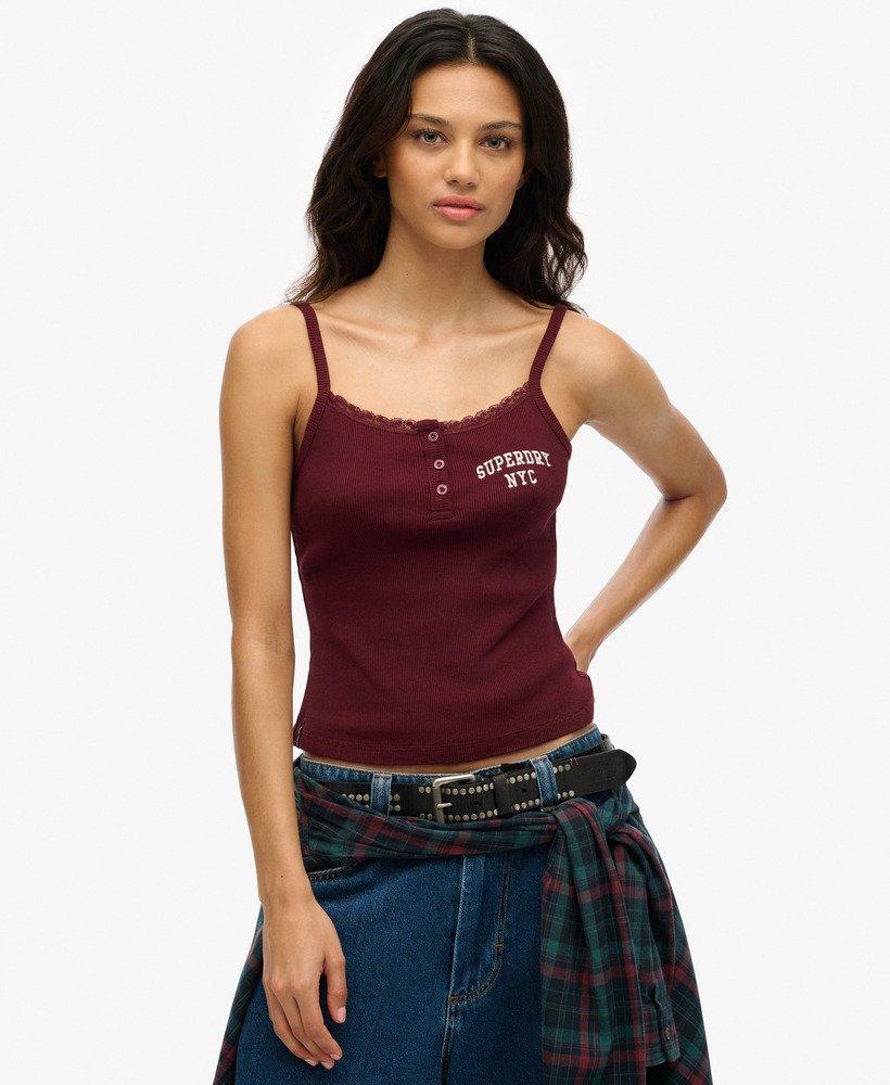 womens Athletic Essentials Embroidered Button Cami Top in Port Red ...