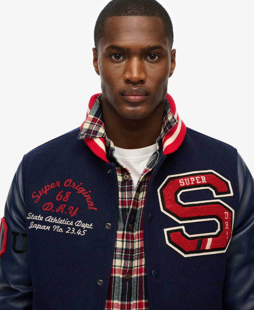 mens College Varsity Patched Bomber Jacket in Atlantic Navy 2 | Superdry UK