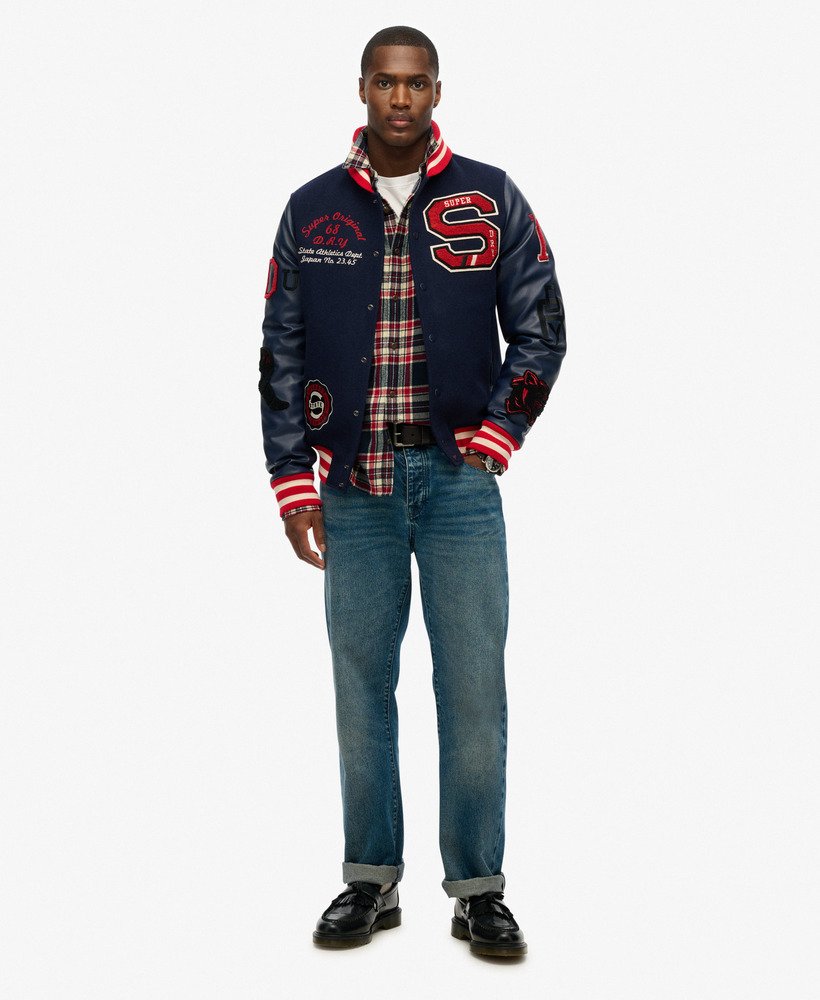 mens College Varsity Patched Bomber Jacket in Atlantic Navy 2 | Superdry UK