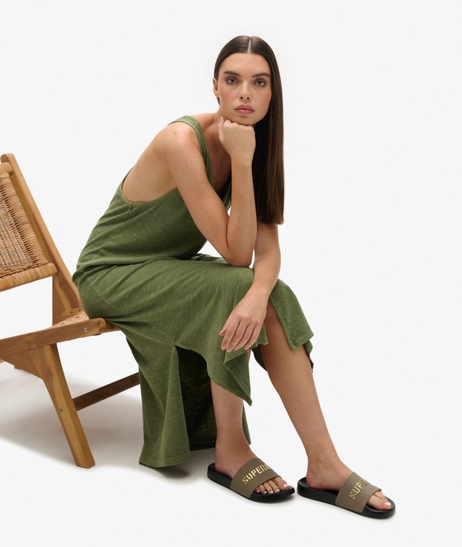 womens Vegan Logo Pool Sliders in Black/Fossil Brown/Metallic Gold ...