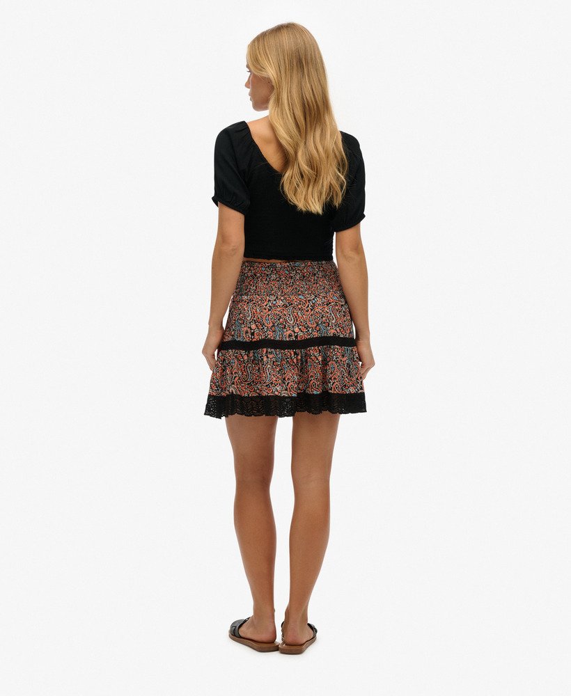 womens Printed Lace Trim Mini Skirt in Block Print Paisley | Superdry UK