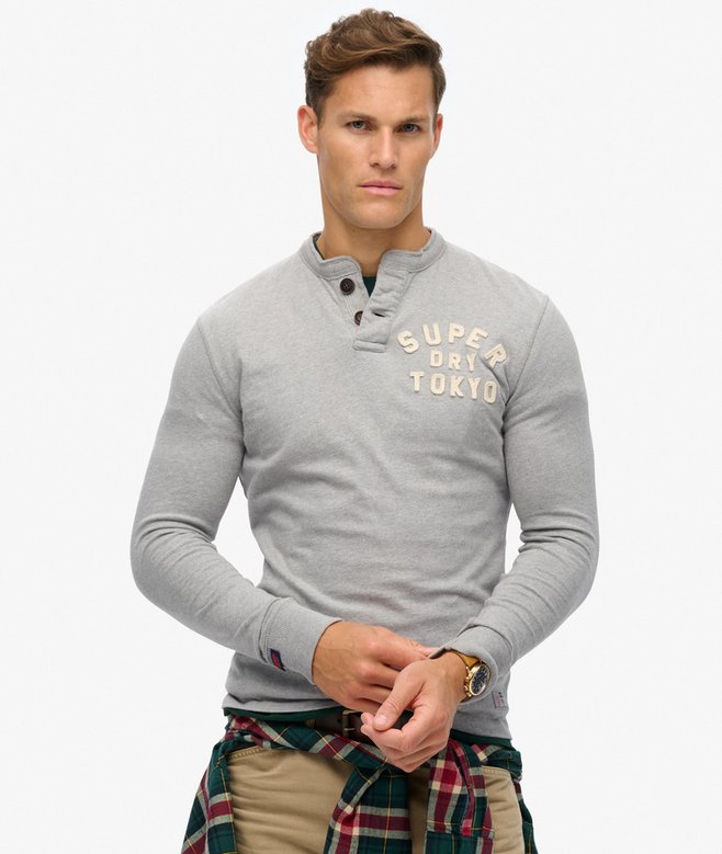 mens Vintage Athletic Long Sleeve Grandad Top in Cadet Grey Marl ...