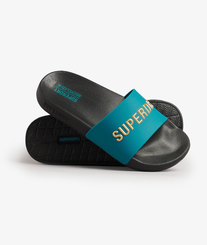 womens Code Logo Pool Sliders in Black/Deep Lake Turq/Metallic Gold | Superdry US