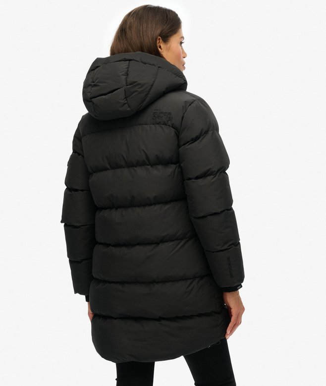 womens Hooded Sports Puffer Mid Length Jacket in Black | Superdry UK