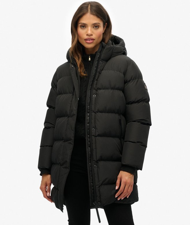 womens Hooded Sports Puffer Mid Length Jacket in Black | Superdry UK