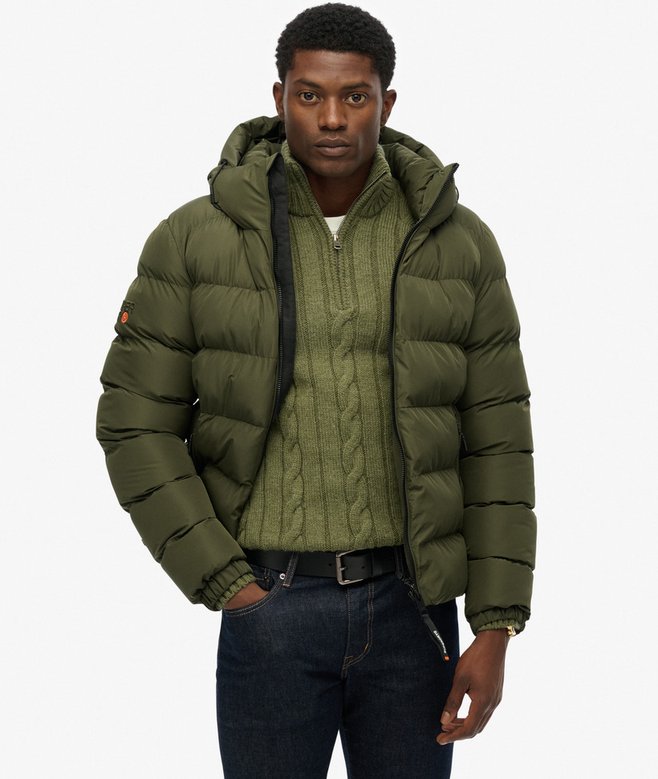 mens Hooded Sports Puffer Jacket in Army Khaki/Army Khaki | Superdry UK