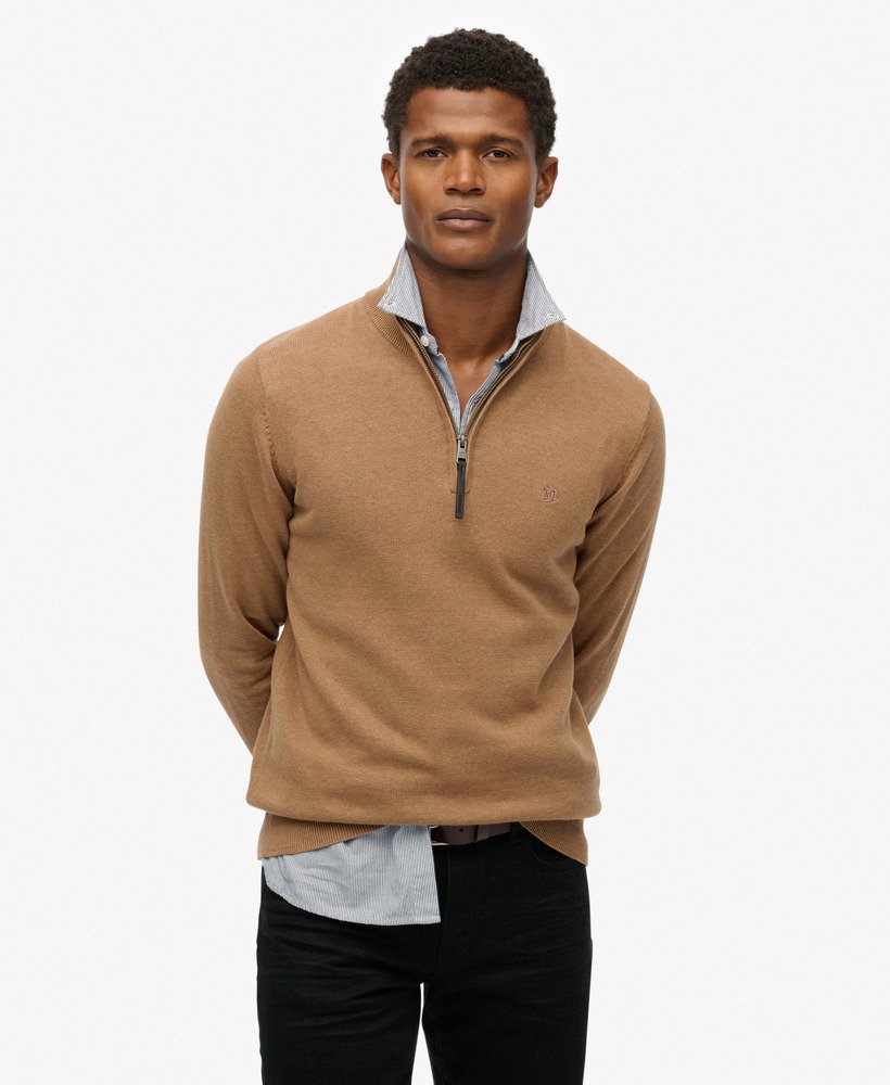 mens Essentials Cotton Half Zip Jumper in Carbon Brown Marl | Superdry UK
