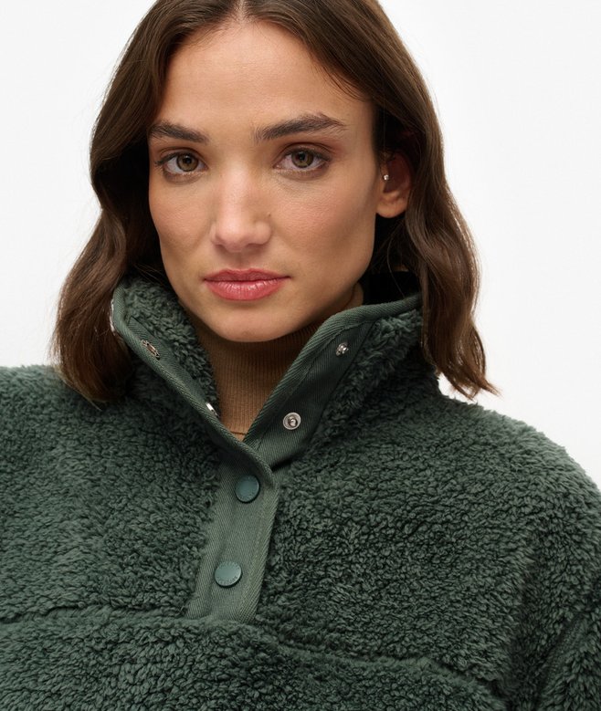 womens Super Soft Popper Neck Teddy Fleece in Laurel Khaki | Superdry UK