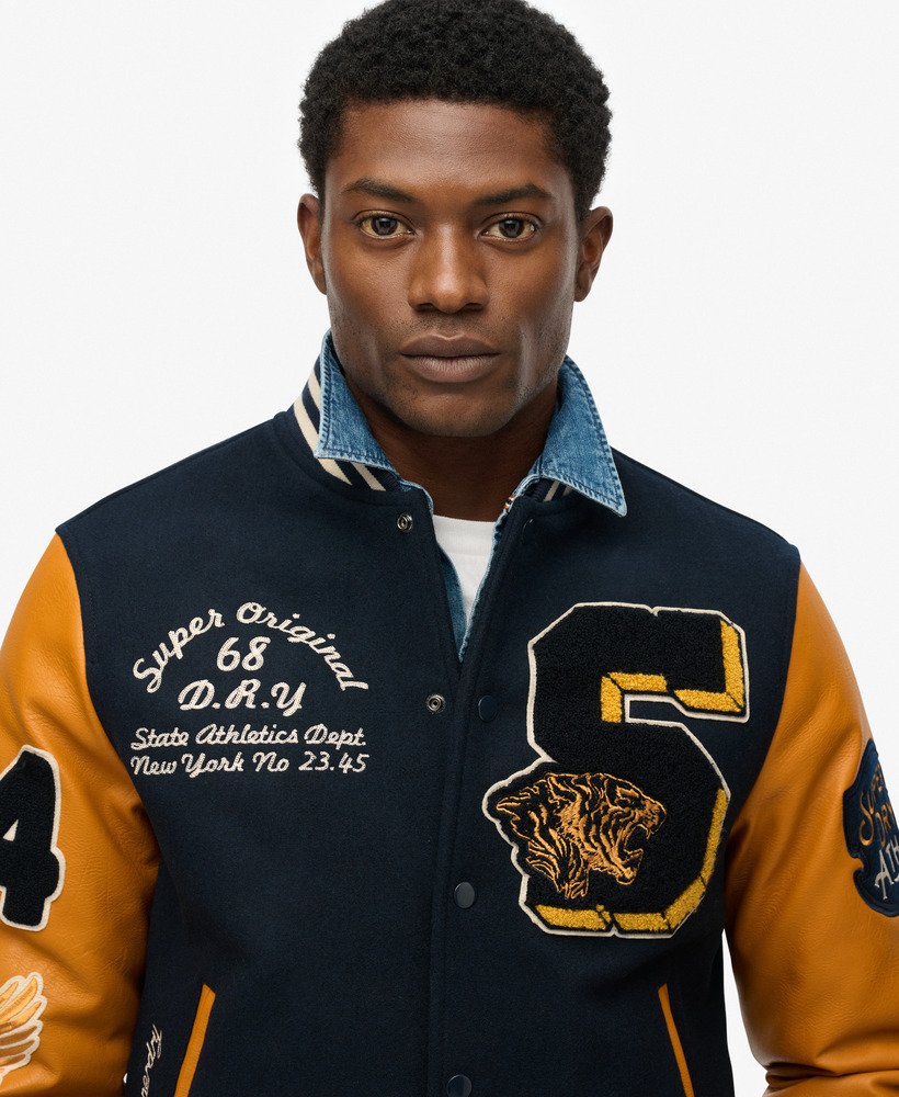 mens Vintage Patched Varsity Jacket in ECLIPSE NAVY/MUSTARD | Superdry UK