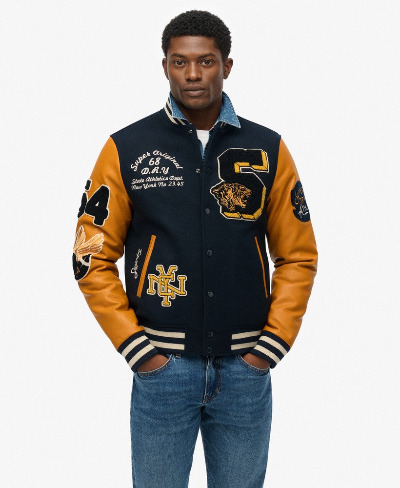 mens Vintage Patched Varsity Jacket in ECLIPSE NAVY/MUSTARD | Superdry UK