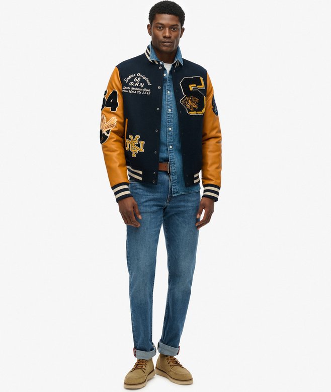 mens Vintage Patched Varsity Jacket in ECLIPSE NAVY/MUSTARD | Superdry UK