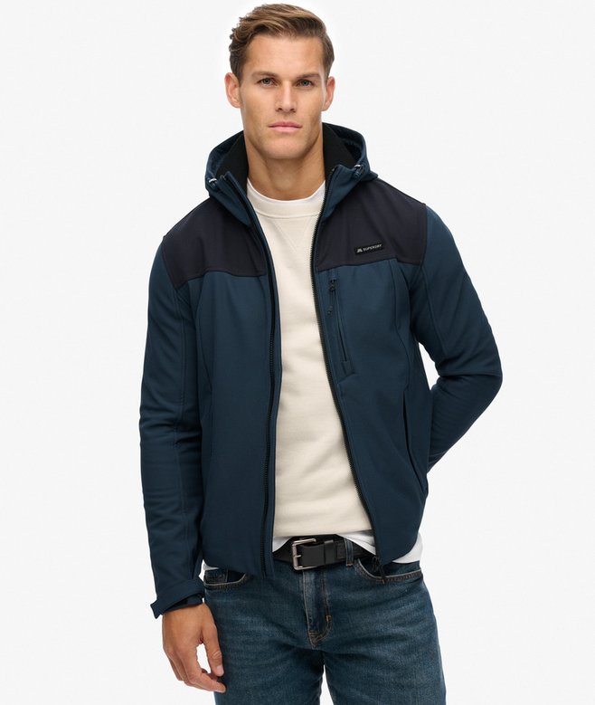 mens Hooded Soft Shell Trekker Jacket in Flex Navy | Superdry UK