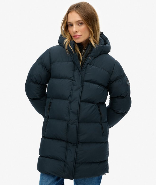 womens Hooded Sports Puffer Mid Length Jacket in Blueberry Navy ...