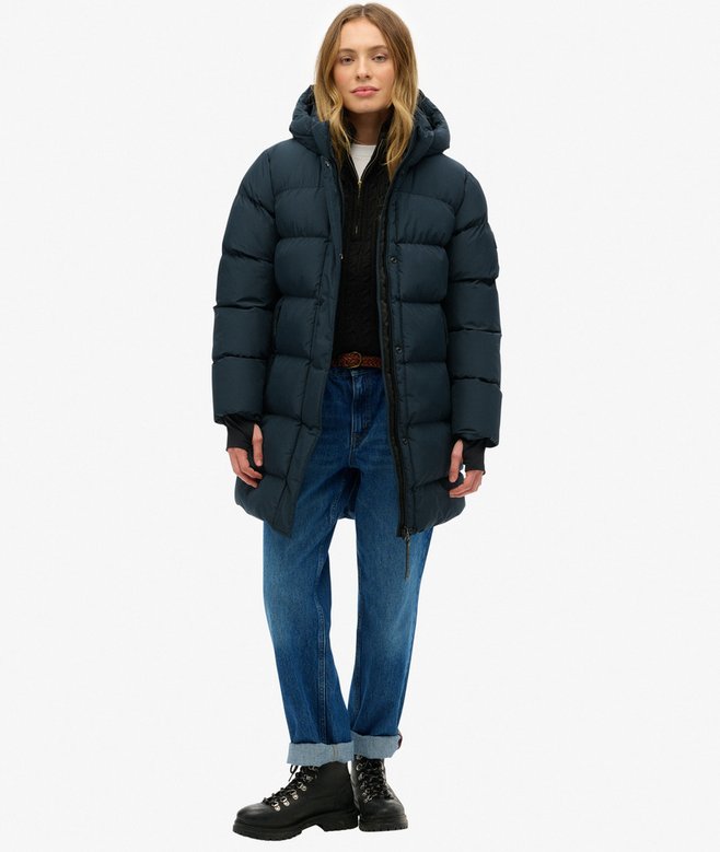 womens Hooded Sports Puffer Mid Length Jacket in Blueberry Navy ...