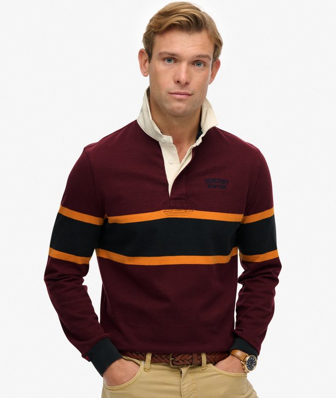 mens Vintage Athletic Stripe Rugby Top in PORT CHEST BAND | Superdry UK