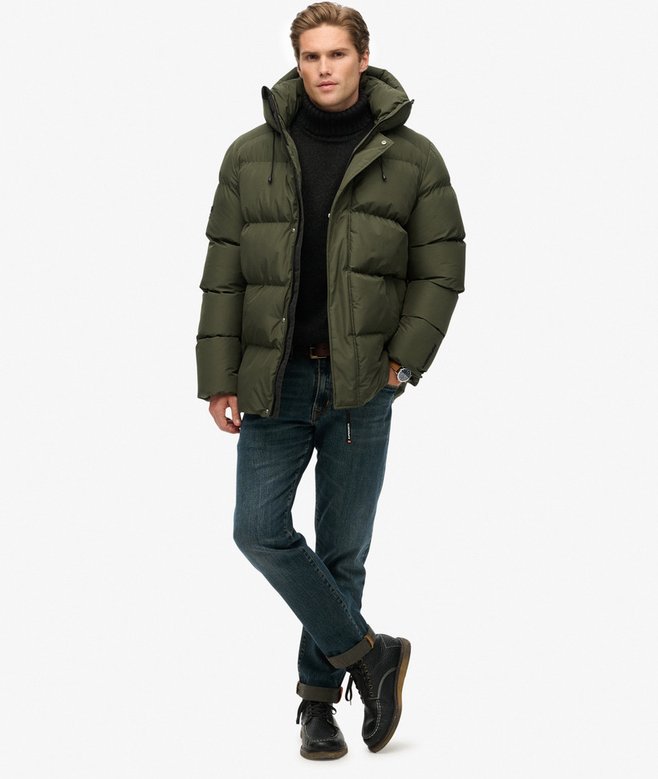 mens Hooded Mid Length Sports Puffer Jacket in Army Khaki Green ...