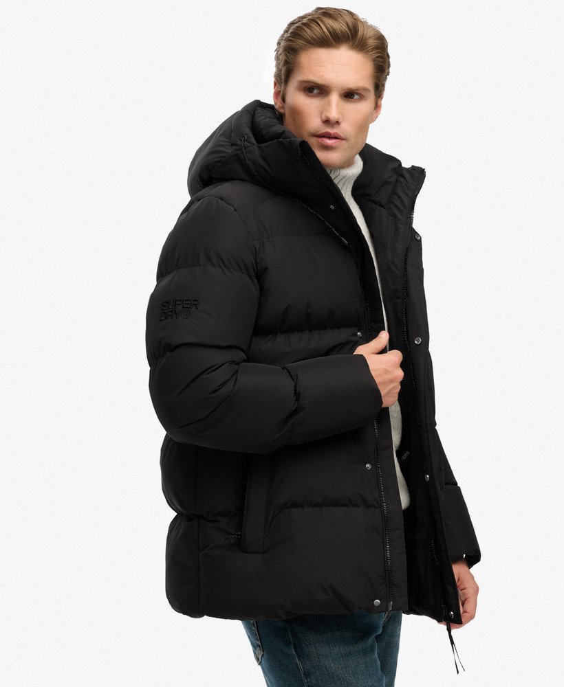 mens Hooded Mid Length Sports Puffer Jacket in Black | Superdry UK