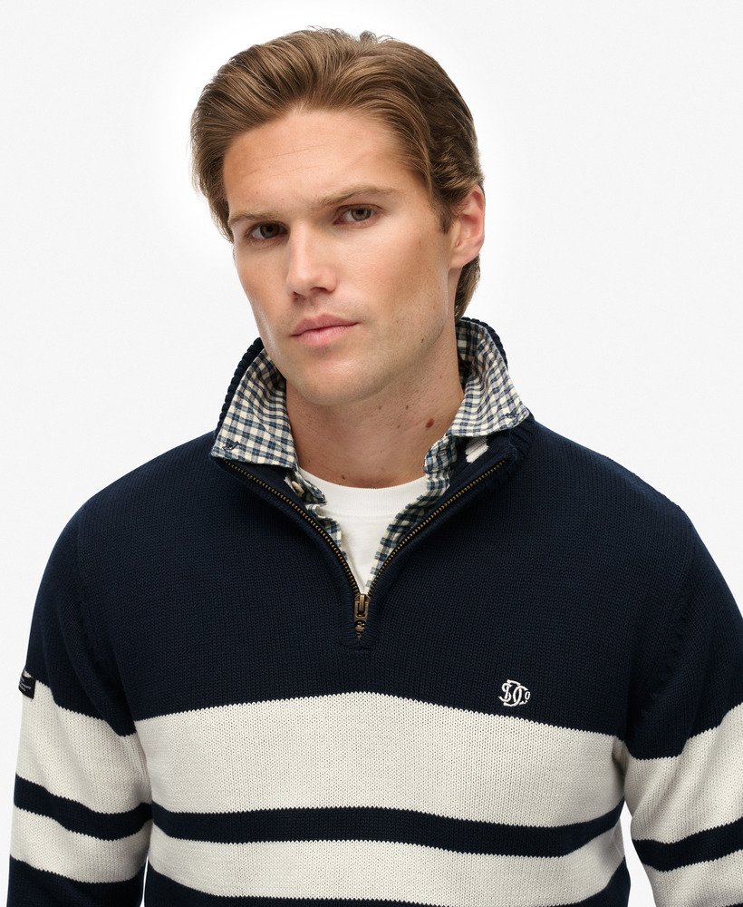 mens Cotton Stripe Half Zip Knit in Eclipse Navy/Bone White | Superdry UK